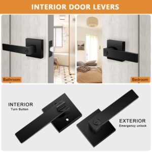 Probrico Heavy Duty Flat Black Square Privacy Interior Door Levers Bedroom and Bathroom Door Handles Keyless Bed/Bath Lockset (6 Pack)