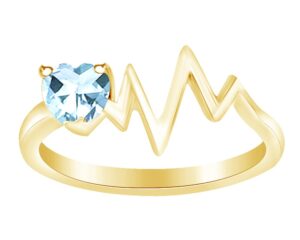 wishrocks heart shaped simulated aquamarine heartbeat with heart ring jewelry gift for women in 14k yellow gold over sterling silver ring size- 6