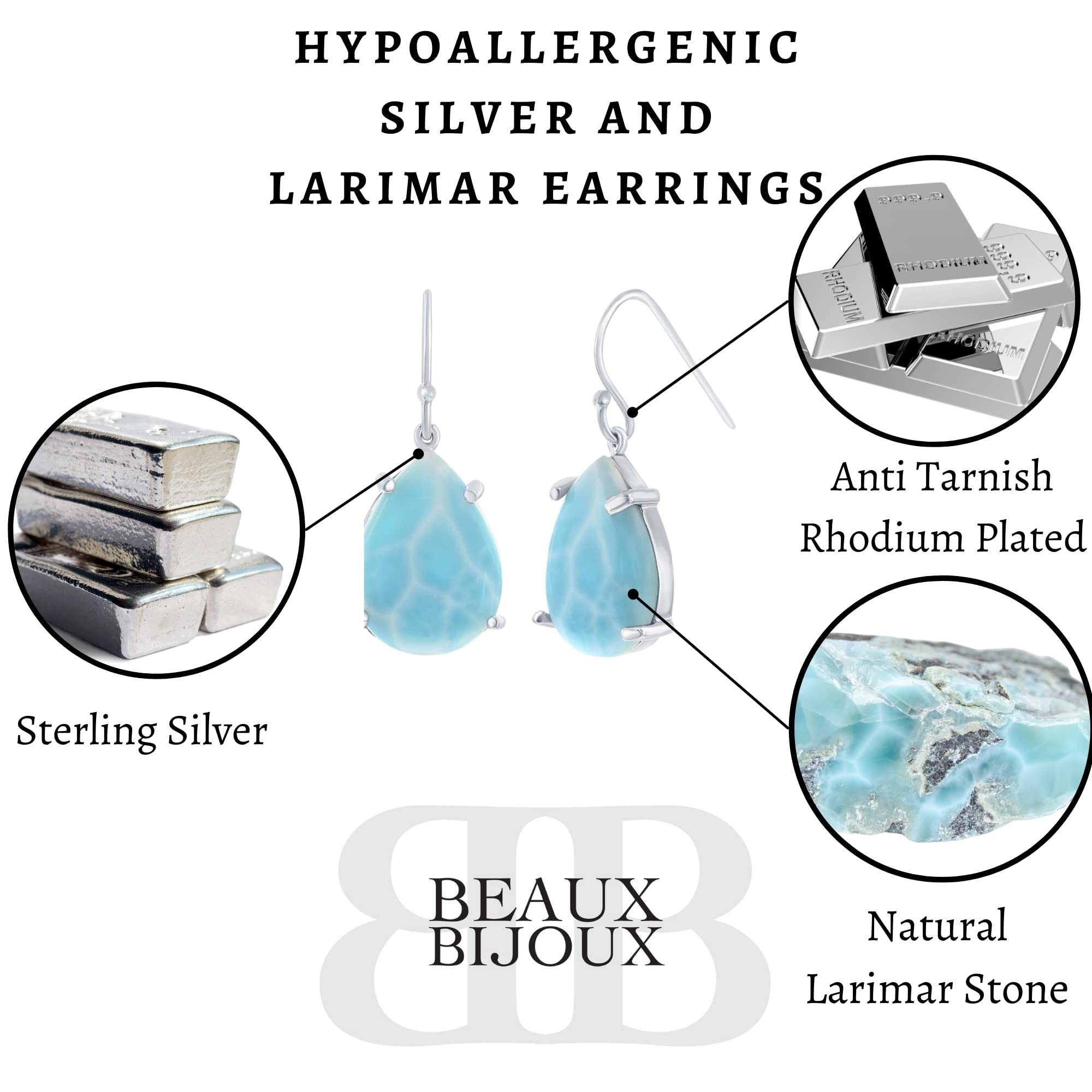 Beaux Bijoux Sterling Silver Blue Larimar Earrings for Women - Natural Larimar Jewelry - Beautiful Blue Larimar Stones - Unique Hypoallergenic Pear Teardrop Earrings - Drop Larimar Earrings for Women