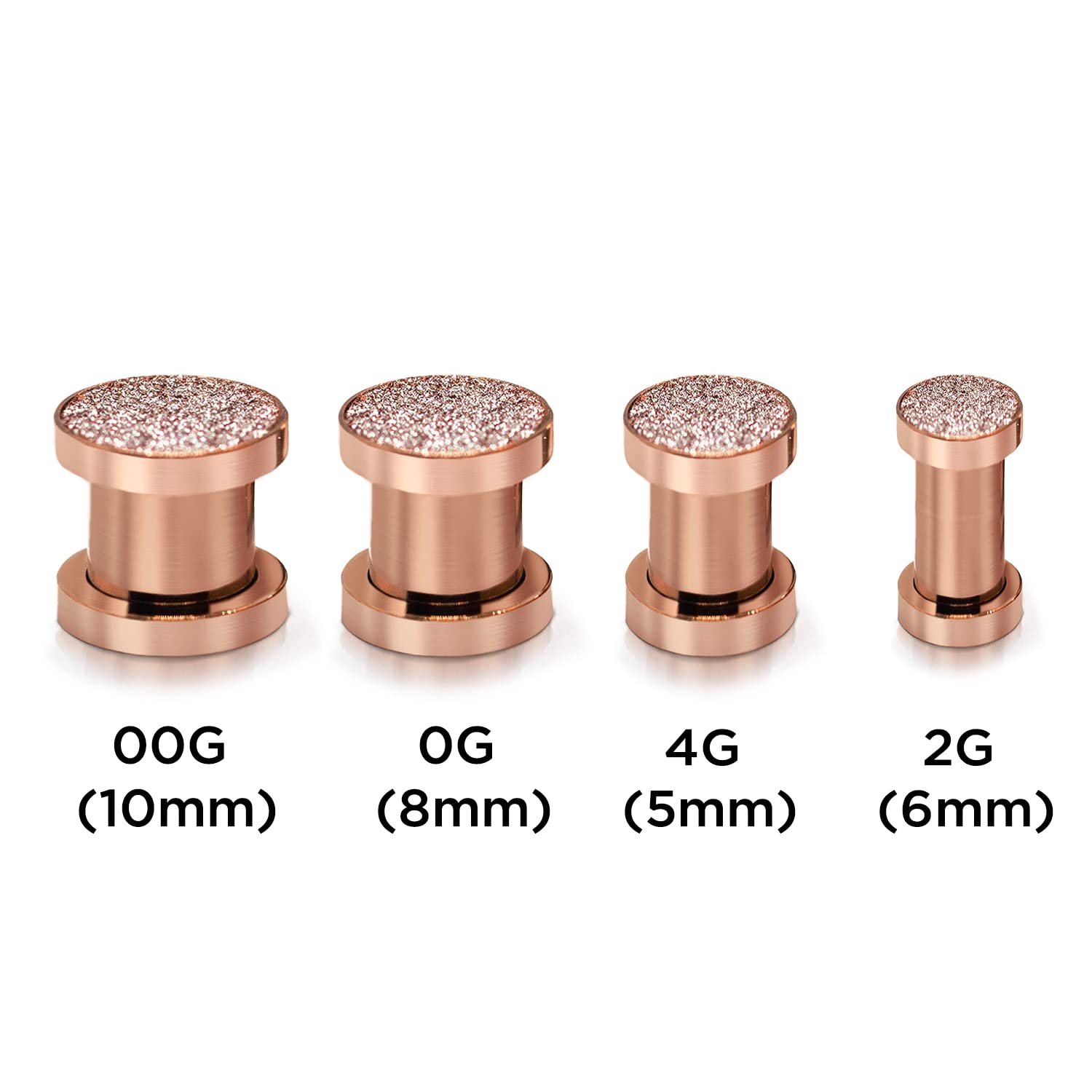 Pierce2GO Rose Gold Plated Sandpaper Ear Plugs Tunnels Stainless Steel Ear Gauges Plugs Tunnels Expanders Earrings with screw on/off closure - Unique Body Piercing