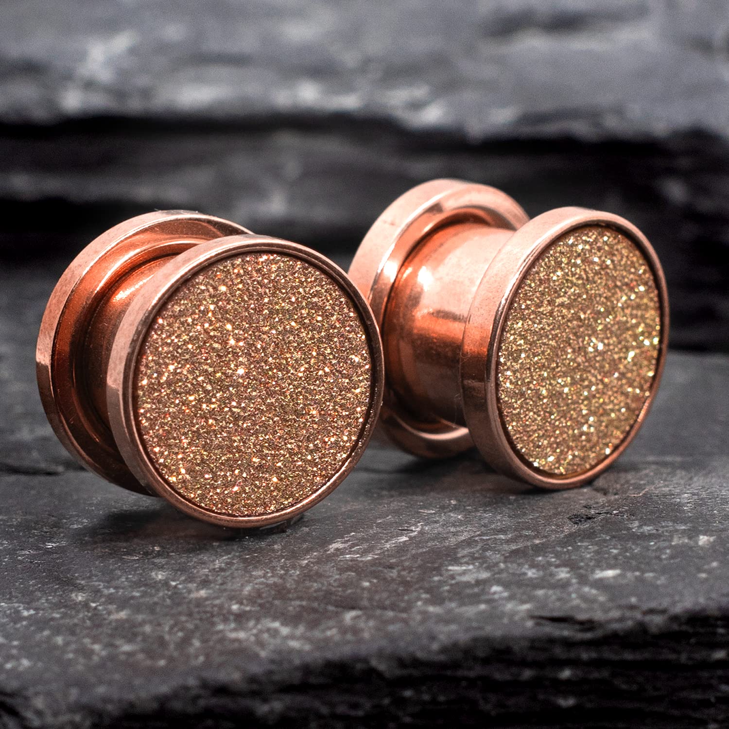 Pierce2GO Rose Gold Plated Sandpaper Ear Plugs Tunnels Stainless Steel Ear Gauges Plugs Tunnels Expanders Earrings with screw on/off closure - Unique Body Piercing