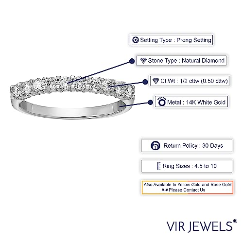 Vir Jewels 1/2 carat (ctw) Diamond Wedding Anniversary Band for Women, Round Diamond Engagement Ring 14K White Gold 10 Stones Prong Set 0.50 cttw I1-I2, Size 5.5