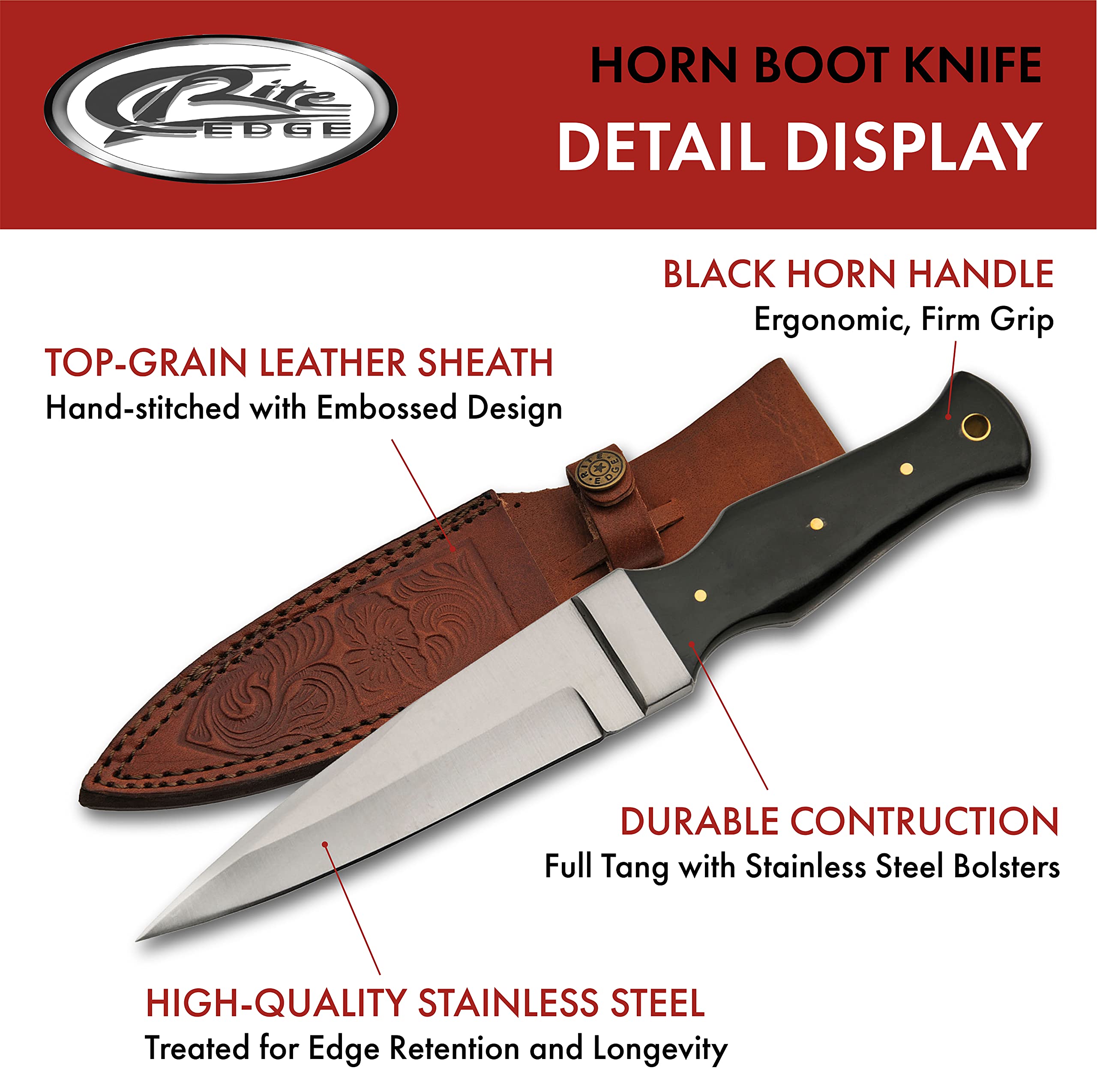 SZCO Supplies 9.25" Horn Handle Spear-Point Boot Knife with Sheath, Black, DH-8021HN