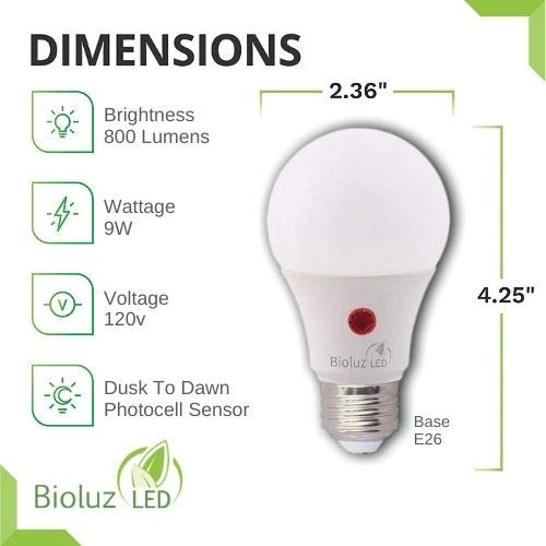 Bioluz LED 3 Pack Dusk to Dawn A19 Bulb Auto On/Off 60W Replacement 9W Photocell Photosensor Instant ON and 3 Min Delay OFF 3000K Soft White Indoor/Outdoor Lighting Lamp Garage Hallway Yard Porch UL