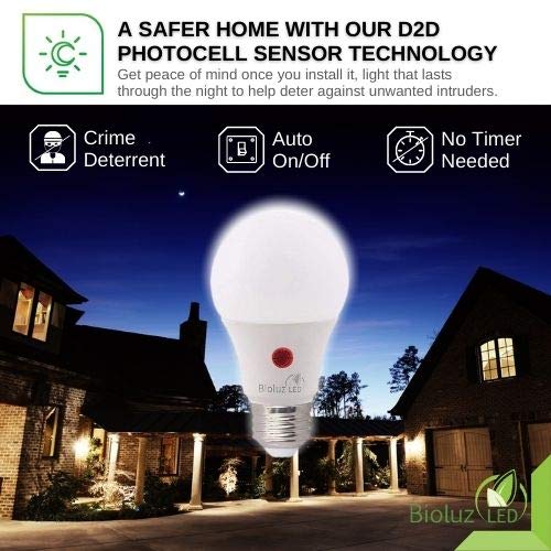 Bioluz LED 3 Pack Dusk to Dawn A19 Bulb Auto On/Off 60W Replacement 9W Photocell Photosensor Instant ON and 3 Min Delay OFF 3000K Soft White Indoor/Outdoor Lighting Lamp Garage Hallway Yard Porch UL