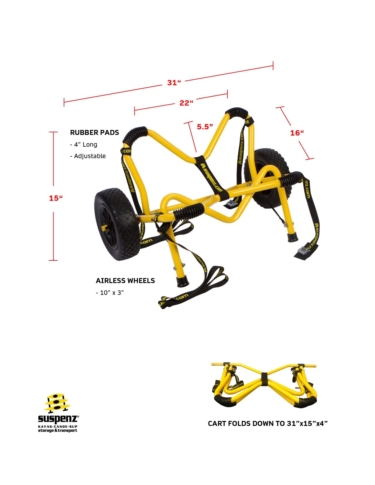 Suspenz Kayak Trailer Cart, Heavy Duty Deep-V Trolley Carrier with Airless Wheels for Kayaks and Canoes, Yellow (22-6700)