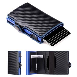 card blocr pop up credit card wallet, rfid blocking credit card holder for men, cool wallets for men in carbon wallet design, compact card holder wallet for secure storage (blue carbon fiber)