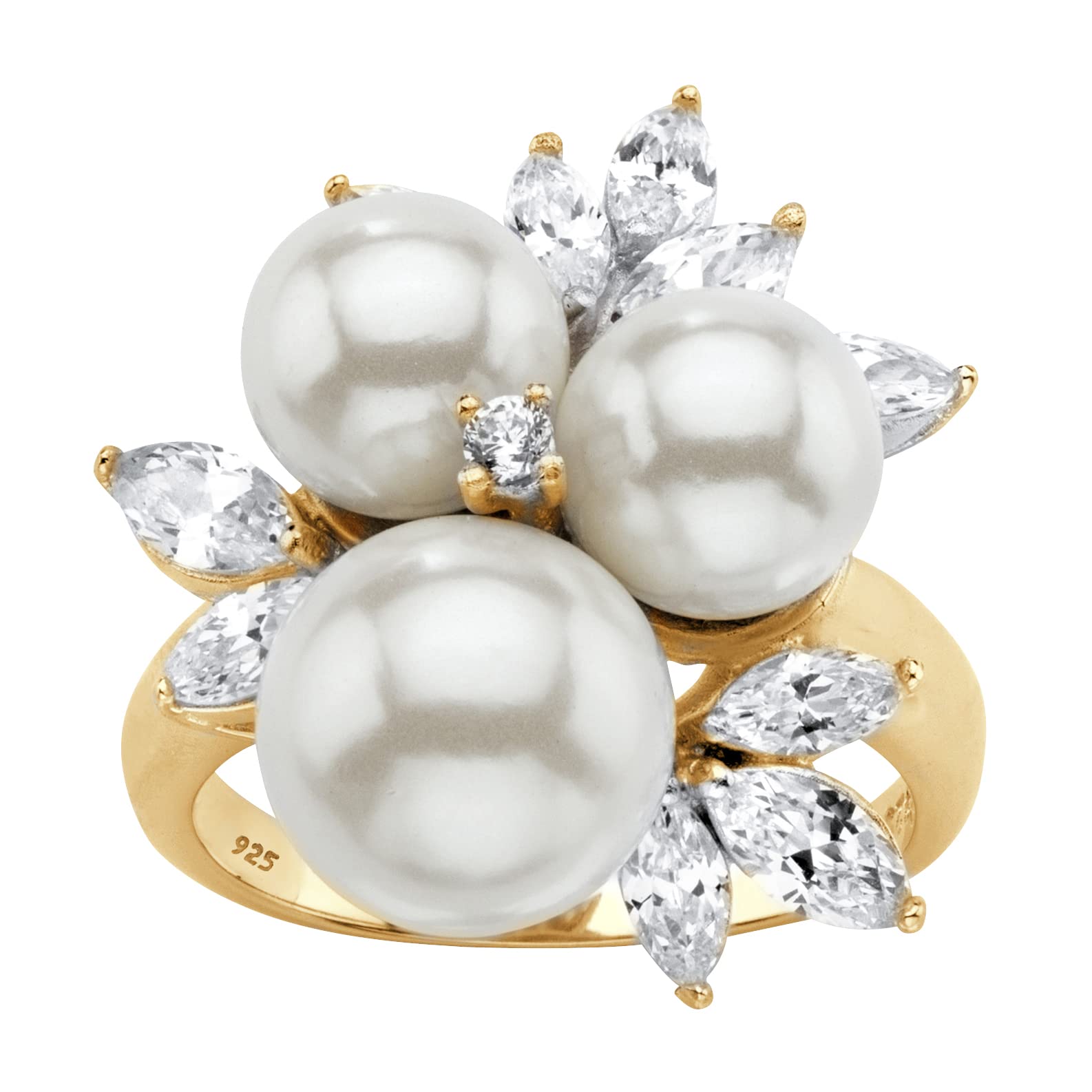 PalmBeach Yellow Gold-Plated or Platinum-Plated Sterling Silver Round Bead Simulated Pearl and Cubic Zirconia Ring Size 9