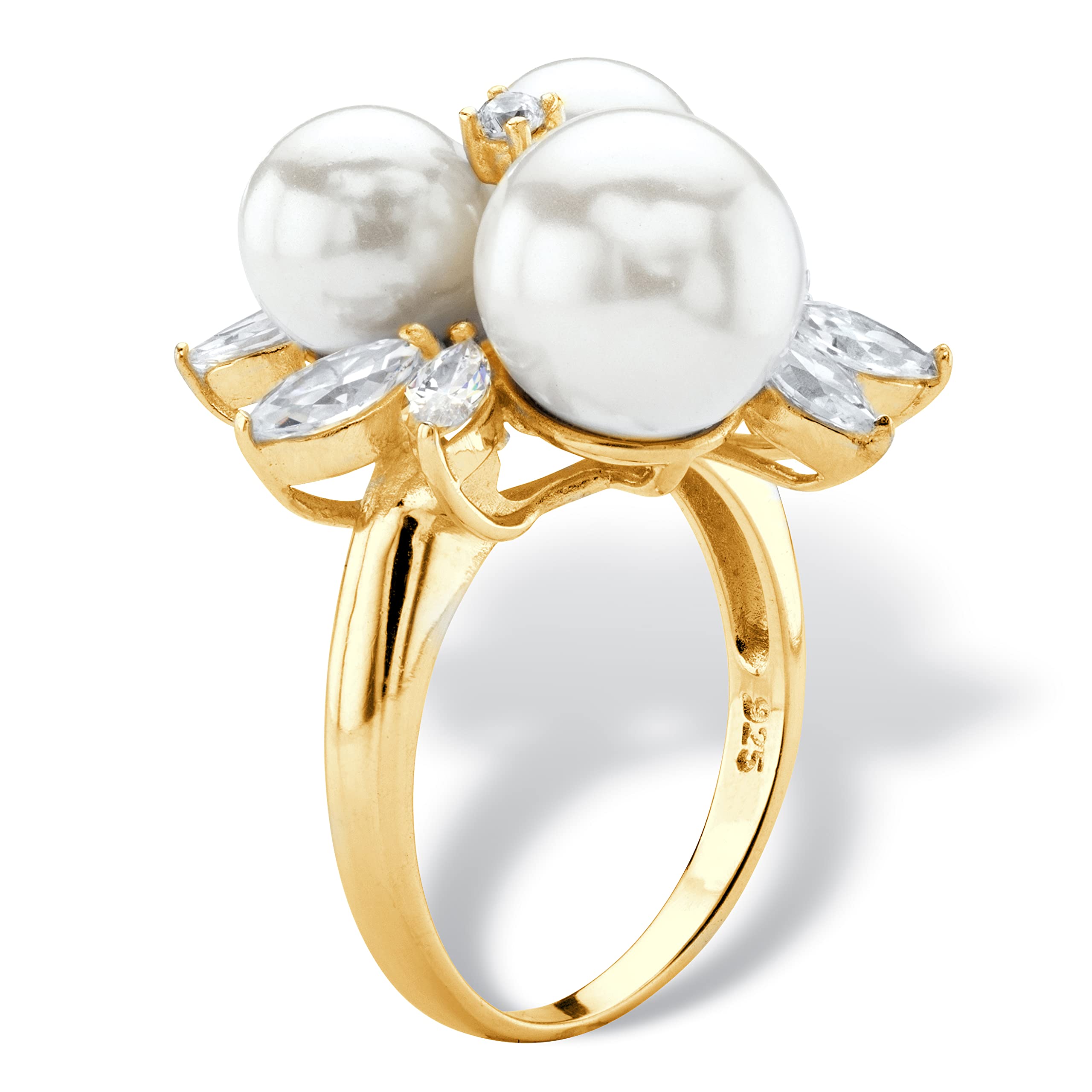 PalmBeach Yellow Gold-Plated or Platinum-Plated Sterling Silver Round Bead Simulated Pearl and Cubic Zirconia Ring Size 9