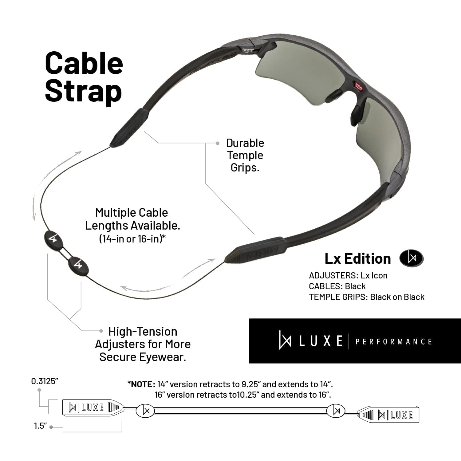 Luxe Performance Glasses Strap - Durable Eyewear Retainer, Sunglasses Strap, Eyeglasses Strap - Adjustable Cable Strap for Active Lifestyle, High Tension, No Tail, Temple Grip