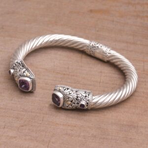 NOVICA Handmade Barong Crest - 6" L x 0.5" W, 18k Gold Accents .925 Sterling Silver Rope Pattern Cuff Bracelet, 3CT Amethyst Bangle Design