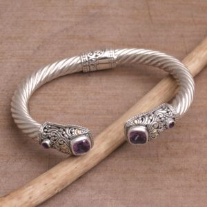 NOVICA Handmade Barong Crest - 6" L x 0.5" W, 18k Gold Accents .925 Sterling Silver Rope Pattern Cuff Bracelet, 3CT Amethyst Bangle Design