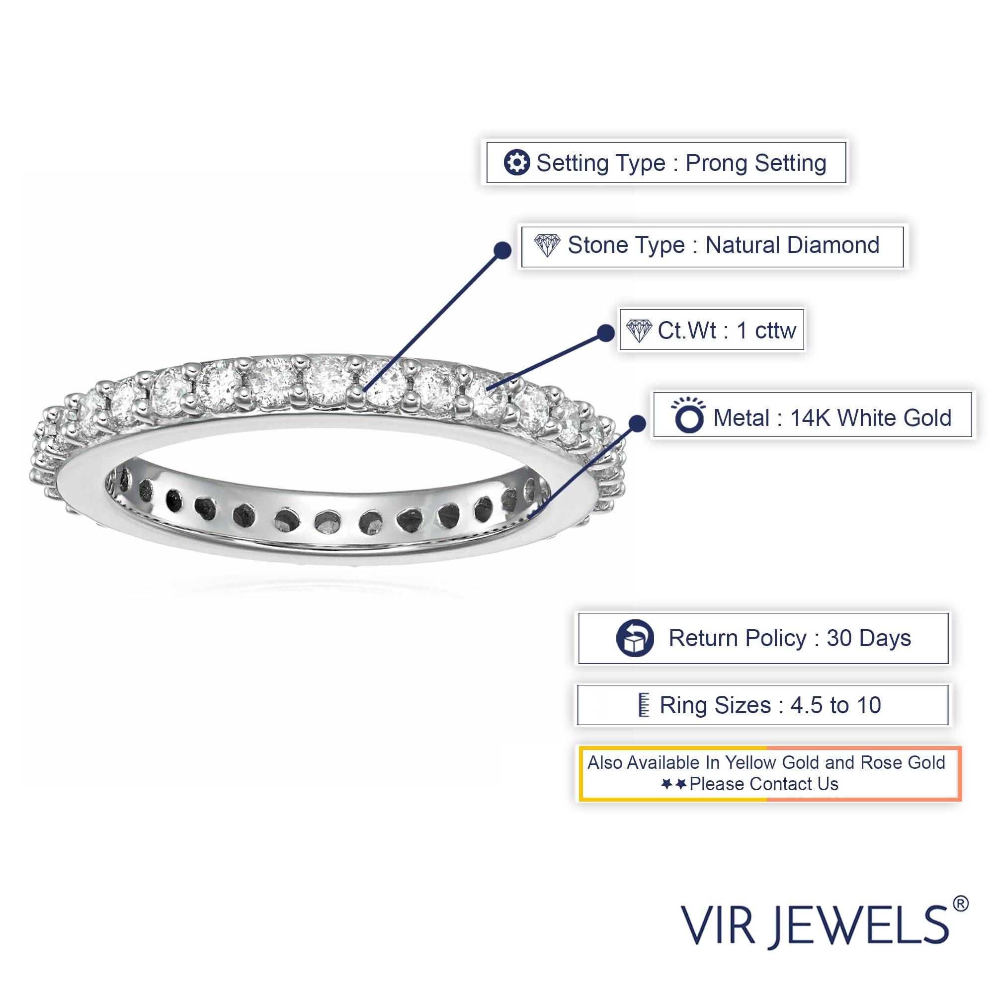 VIR JEWELS 1 cttw Diamond Eternity Ring for Women, Wedding Band in 14K White Gold Prong Set, Size 4.5