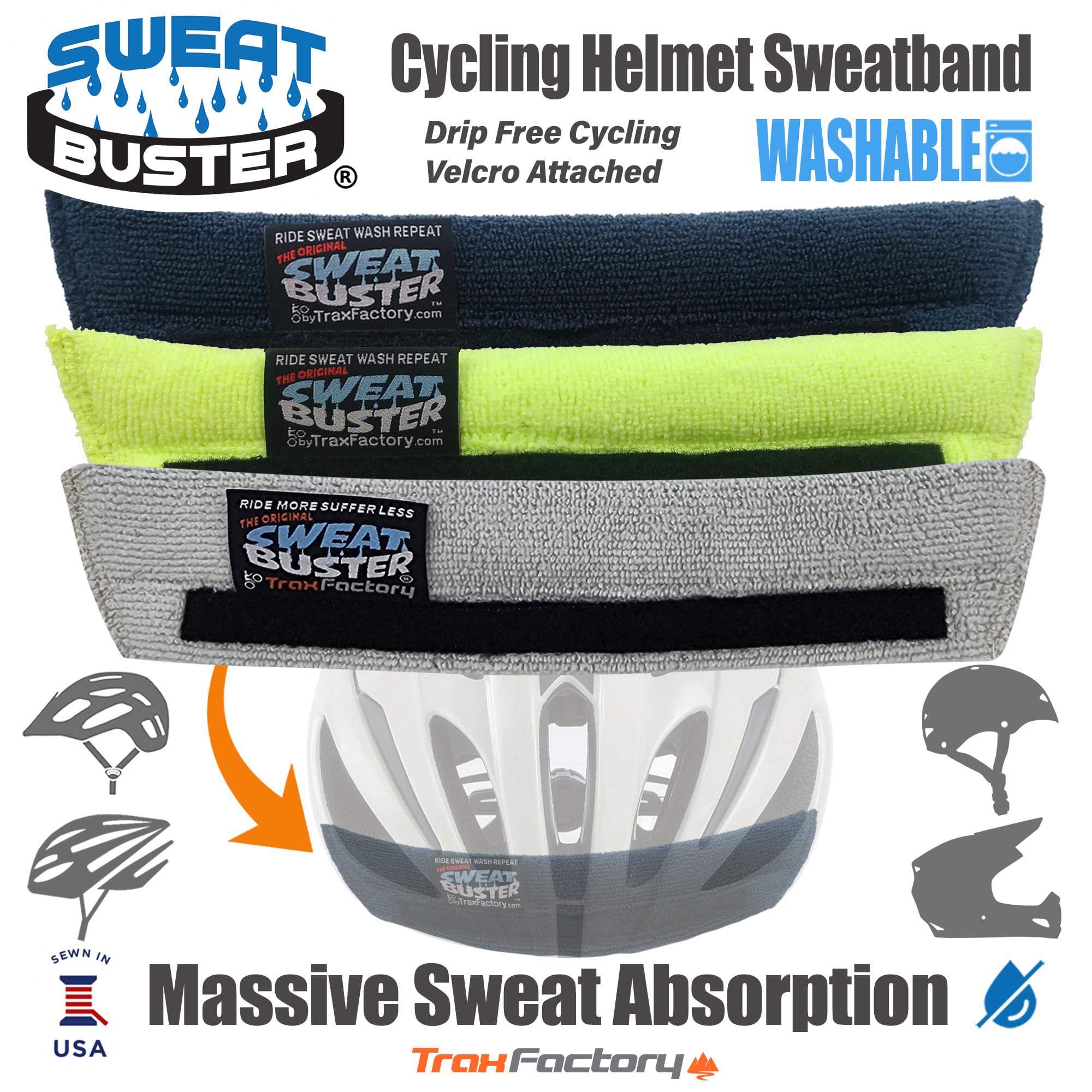 Sweat Buster Bike Helmet Sweatband – Stops Sweat Dripping, Keeps You Cooler, Premium Comfort, Simple Helmet Integration & Quick Removal for Washing. Mountain Biking, Road Biking or Any Cycling. 2 Pack