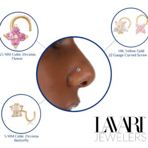 Lavari Jewelers 22 Gauge Curved Screw White Butterfly Pink Flower Nose Ring Set for Women in 14k Yellow Gold Piercing Jewelry Set