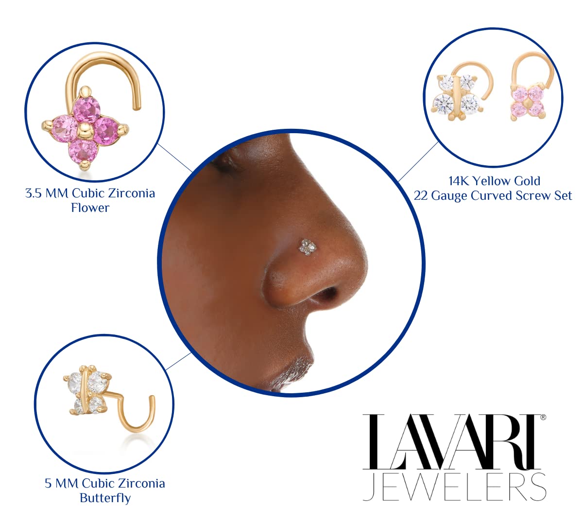 Lavari Jewelers 22 Gauge Curved Screw White Butterfly Pink Flower Nose Ring Set for Women in 14k Yellow Gold Piercing Jewelry Set