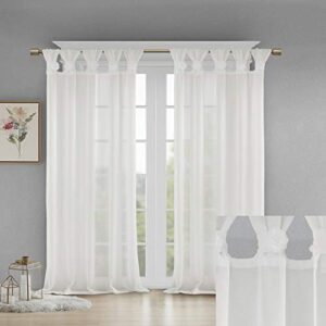 Madison Park Rosette Floral Embellished Cuff Tab Top Solid Window Treatments Single Curtain Panel Drape for Bedroom Living Room and Dorm, 50"x84", White