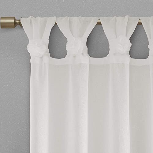 Madison Park Rosette Floral Embellished Cuff Tab Top Solid Window Treatments Single Curtain Panel Drape for Bedroom Living Room and Dorm, 50"x84", White