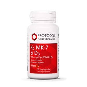 protocol k2 mk-7 & d3 - skeletal, bone, calcium absorption & heart health supplement* - for teeth, vascular & immune system health* - non-gmo, kosher, halal, soy-free - 60 veg capsules