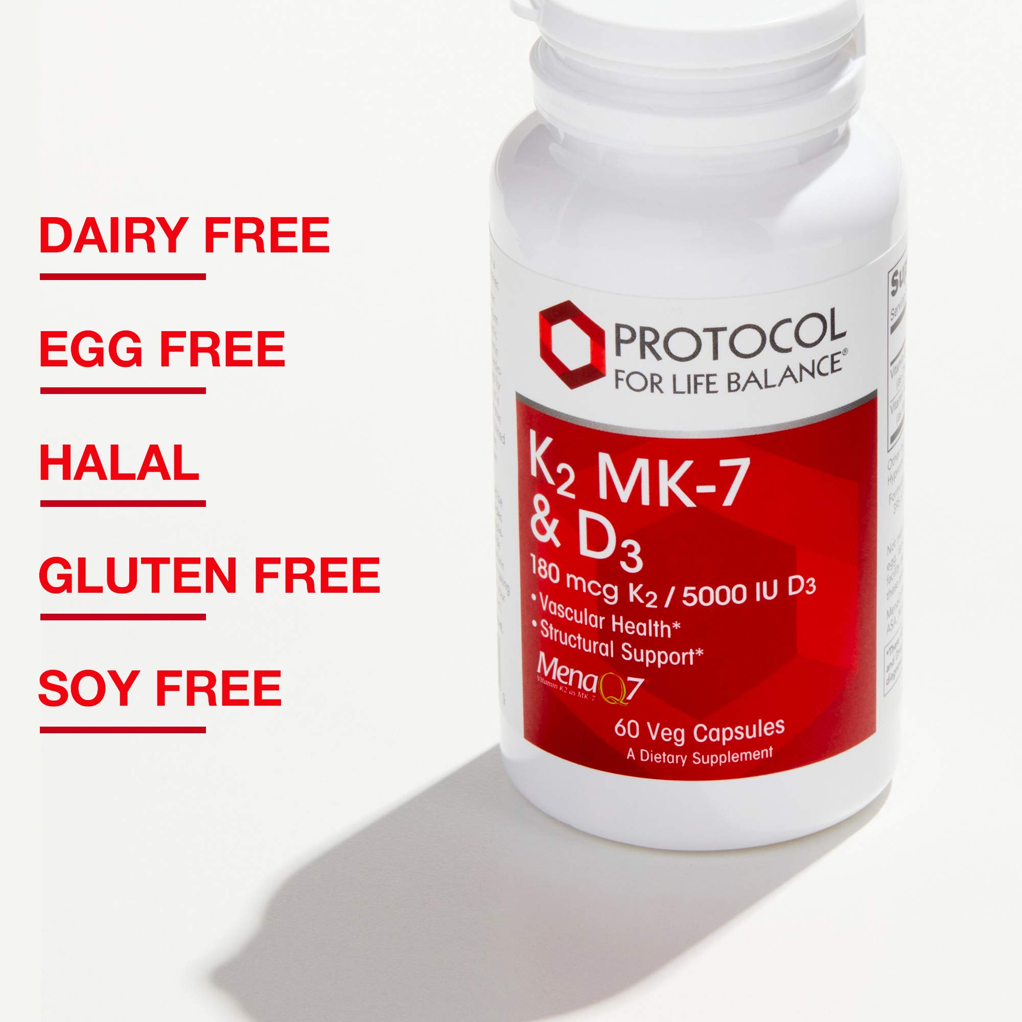 Protocol K2 MK-7 & D3 - Skeletal, Bone, Calcium Absorption & Heart Health Supplement* - for Teeth, Vascular & Immune System Health* - Non-GMO, Kosher, Halal, Soy-Free - 60 Veg Capsules