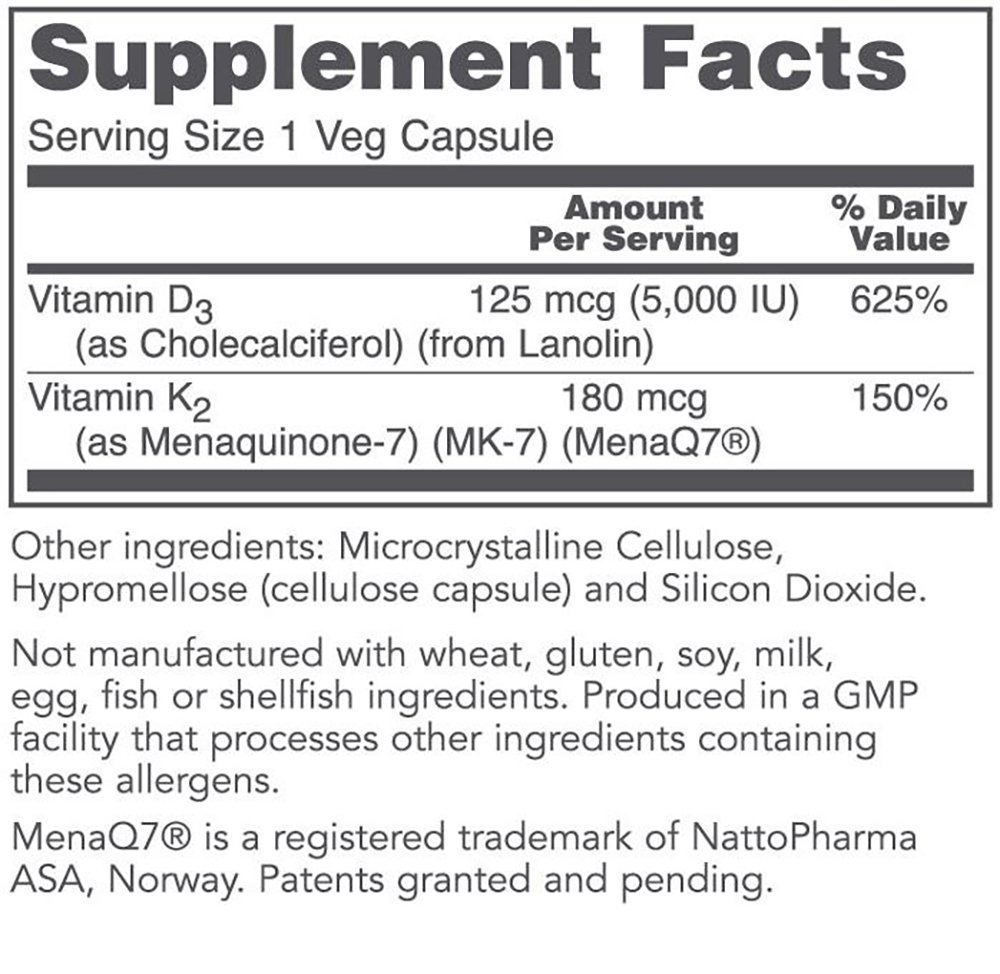 Protocol K2 MK-7 & D3 - Skeletal, Bone, Calcium Absorption & Heart Health Supplement* - for Teeth, Vascular & Immune System Health* - Non-GMO, Kosher, Halal, Soy-Free - 60 Veg Capsules