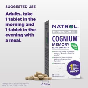 Natrol Cognium Memory Extra Strength Silk Protein Hydrolysate 200mg, Dietary Supplement for Brain Health and Memory Support, 60 Tablets, 30 Day Supply