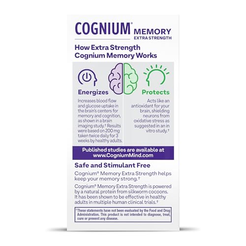 Natrol Cognium Memory Extra Strength Silk Protein Hydrolysate 200mg, Dietary Supplement for Brain Health and Memory Support, 60 Tablets, 30 Day Supply