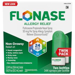 flonase allergy relief nasal spray, 24 hour non drowsy allergy medicine, metered nasal spray - 144 sprays (pack of 2) - fall and seasonal allergy relief