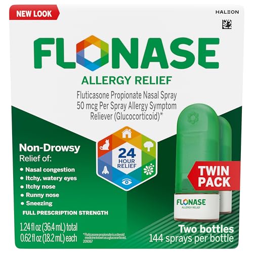 Flonase Allergy Relief Nasal Spray, 24 Hour Non Drowsy Allergy Medicine, Metered Nasal Spray - 144 Sprays (Pack of 2) - Fall and Seasonal Allergy Relief