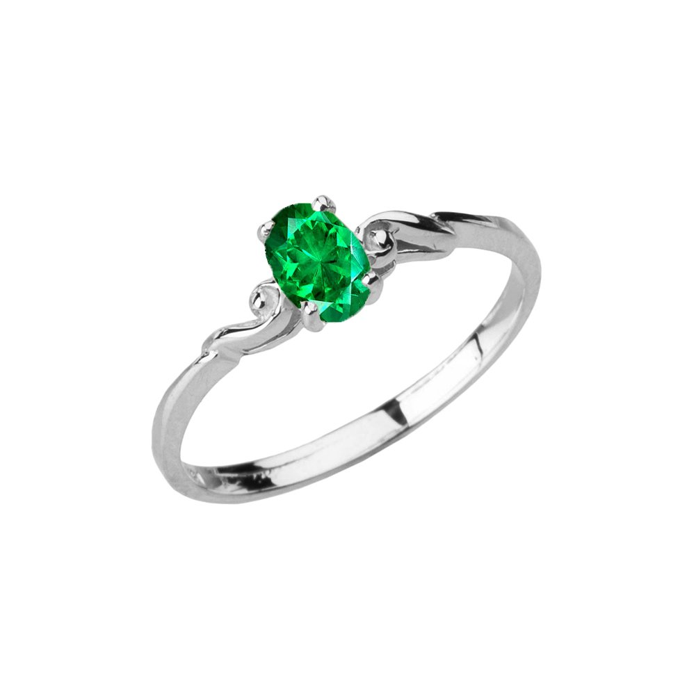 Dainty 10k White Gold Genuine Emerald Swirled Engagement/Promise Solitaire Ring (Size 8)