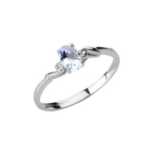 dainty 10k white gold genuine aquamarine swirled engagement/promise solitaire ring (size 8)