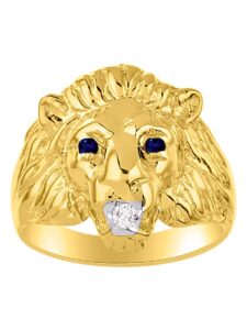 rylos conversation starter diamonds & sapphire eyes & mouth of this lion head ring set in 14k yellow gold plated silver size 9