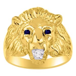 Rylos Conversation Starter Diamonds & Sapphire Eyes & Mouth of this Lion Head Ring Set in 14K Yellow Gold Plated Silver Size 9