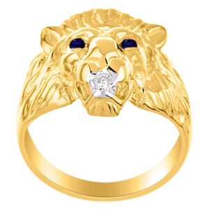 Rylos Conversation Starter Diamonds & Sapphire Eyes & Mouth of this Lion Head Ring Set in 14K Yellow Gold Plated Silver Size 9