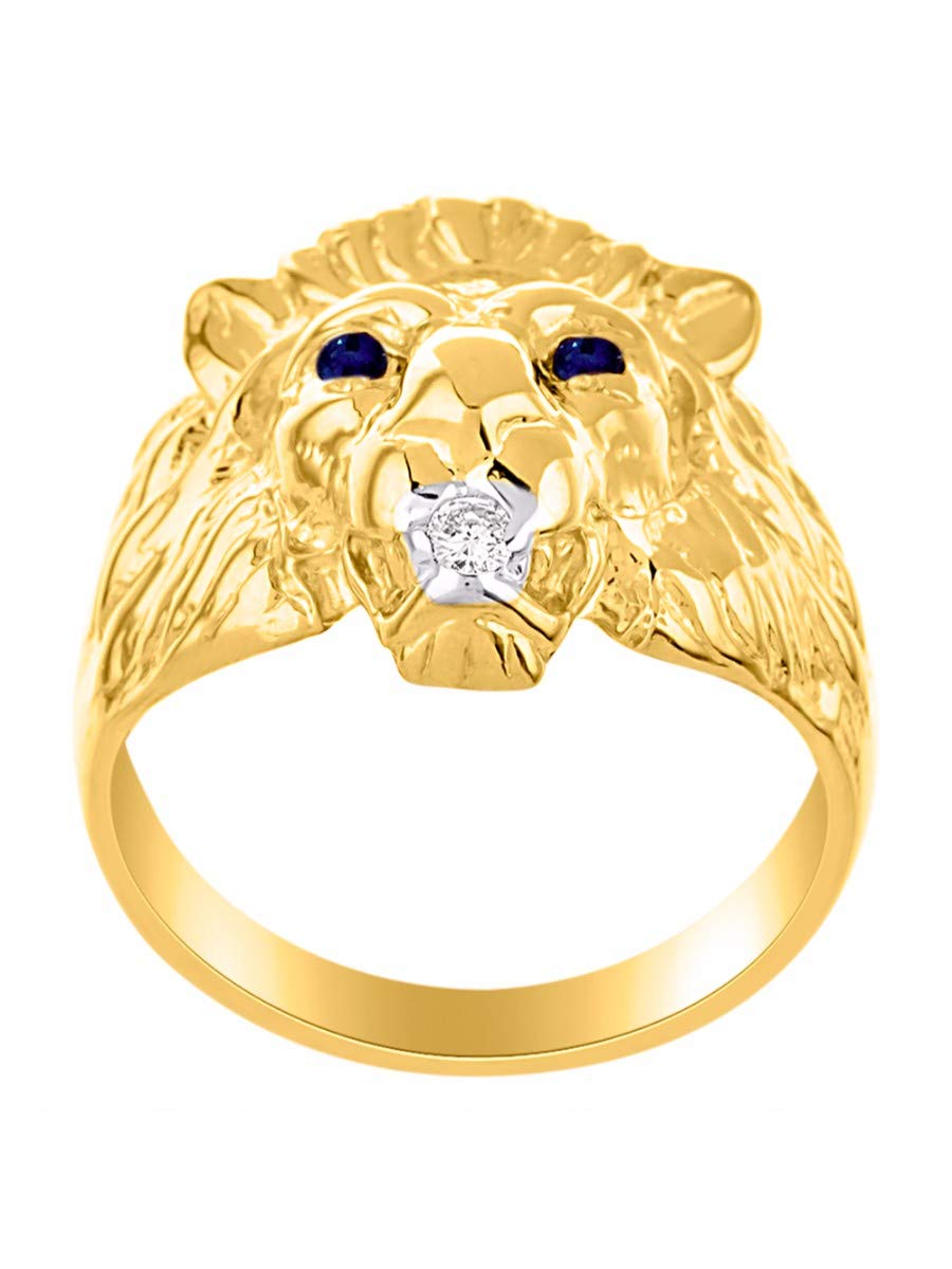 Rylos Conversation Starter Diamonds & Sapphire Eyes & Mouth of this Lion Head Ring Set in 14K Yellow Gold Plated Silver Size 9