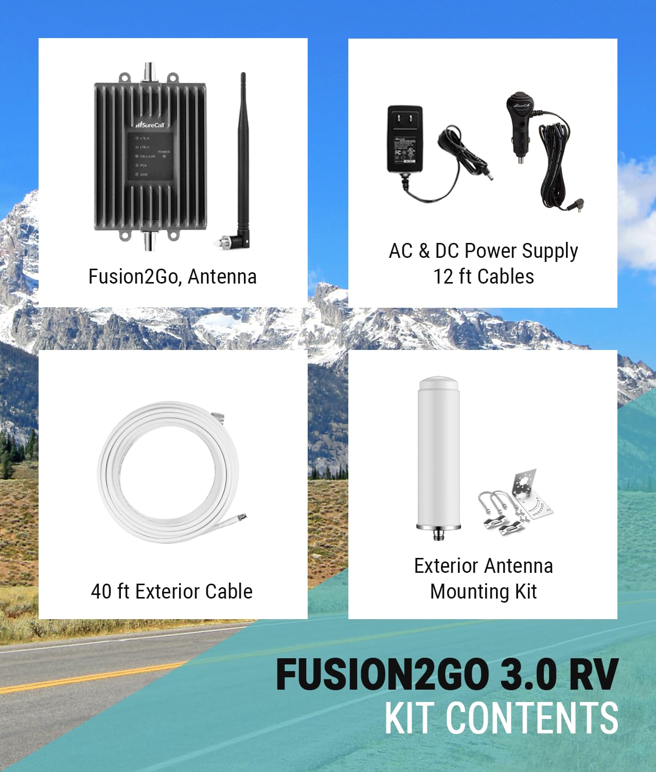 SureCall Fusion2Go 3.0 RV Cell Signal Booster for Motorhome, 5G/4G LTE, Large Vehicles, Permanent Omni Antenna, Multi-User All Carrier Boosts Verizon AT&T Sprint T-Mobile, FCC Approved, USA Company