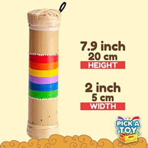 PICK A TOY Bamboo Rainstick Rain Shaker Sensory Toy Musical Instrument for Kids and Adults, Lightweight and Easy to Use Music Game, Rainbow Colored Rain Maker – with Gift Box