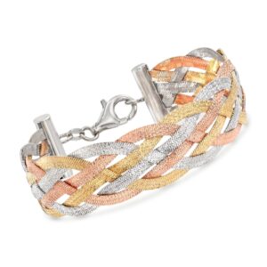 ross-simons italian tri-colored sterling silver reversible braid bracelet. 7 inches