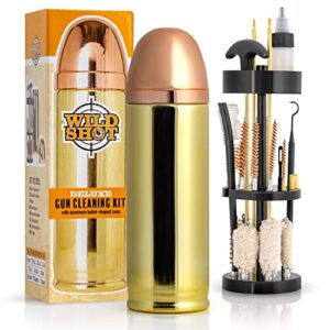 wild shot deluxe gun cleaning kit with registered trademarked aluminum bullet shaped storage case, cleaning tools to effectively maintain handguns, shotguns and rifles.