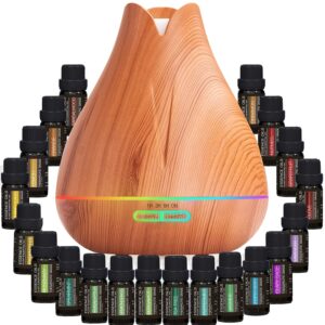 aromatherapy essential oil diffuser gift set - 400ml ultrasonic diffuser with 20 essential plant oils - 4 timer & 7 ambient light settings - therapeutic grade