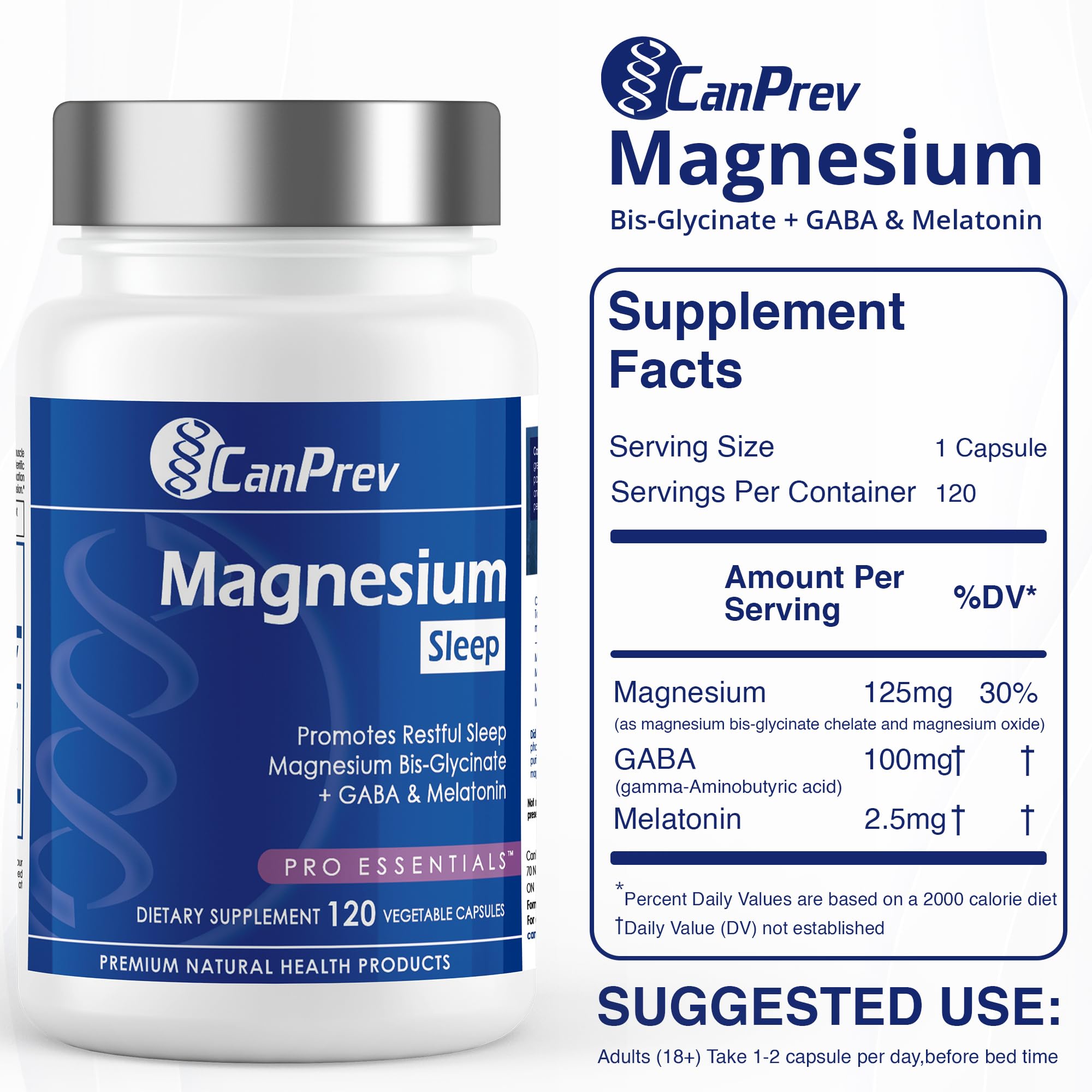 CanPrev - Magnesium Bisglycinate Chelated + GABA & Melatonin 120 Caps - Muscle Health, Bone Health and Cramp Relief - 3rd Party Tested - Formulated & Made in Canada