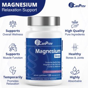 CanPrev - Magnesium Bisglycinate Chelated + GABA & Melatonin 120 Caps - Muscle Health, Bone Health and Cramp Relief - 3rd Party Tested - Formulated & Made in Canada