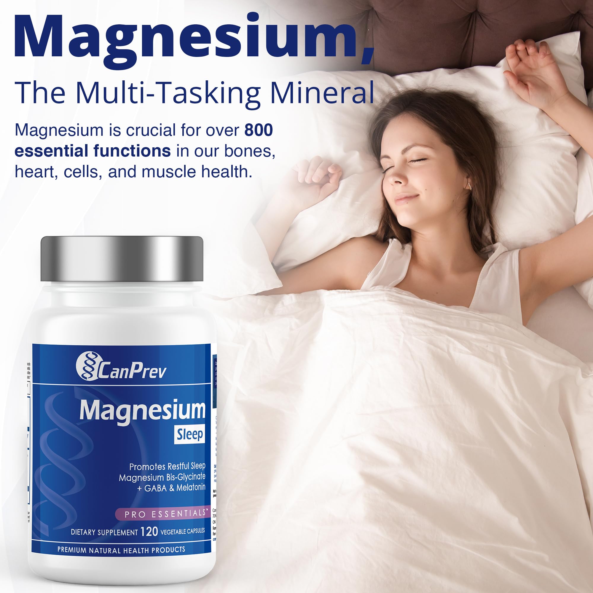 CanPrev - Magnesium Bisglycinate Chelated + GABA & Melatonin 120 Caps - Muscle Health, Bone Health and Cramp Relief - 3rd Party Tested - Formulated & Made in Canada