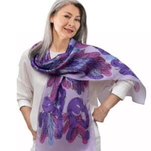 Artistic Hand Painted Long Silk Scarf for Women Fashion Boho Wrap Floral Patterns Trendy Purple Pink Neck Scarfs Unique Designer Shawl Womens Birthday Gift Mother Day Gift Handmade Gifts for Her