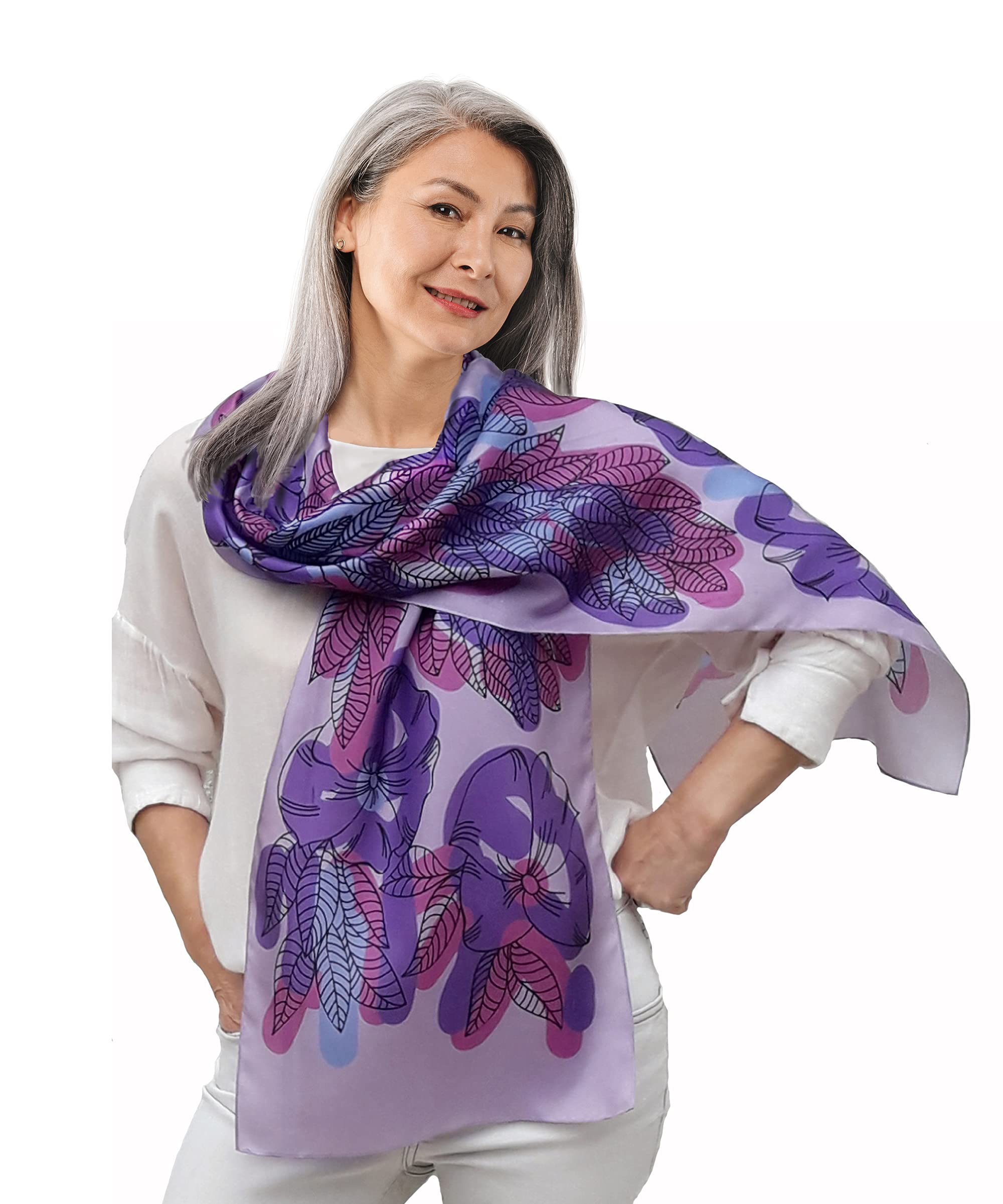 Artistic Hand Painted Long Silk Scarf for Women Fashion Boho Wrap Floral Patterns Trendy Purple Pink Neck Scarfs Unique Designer Shawl Womens Birthday Gift Mother Day Gift Handmade Gifts for Her