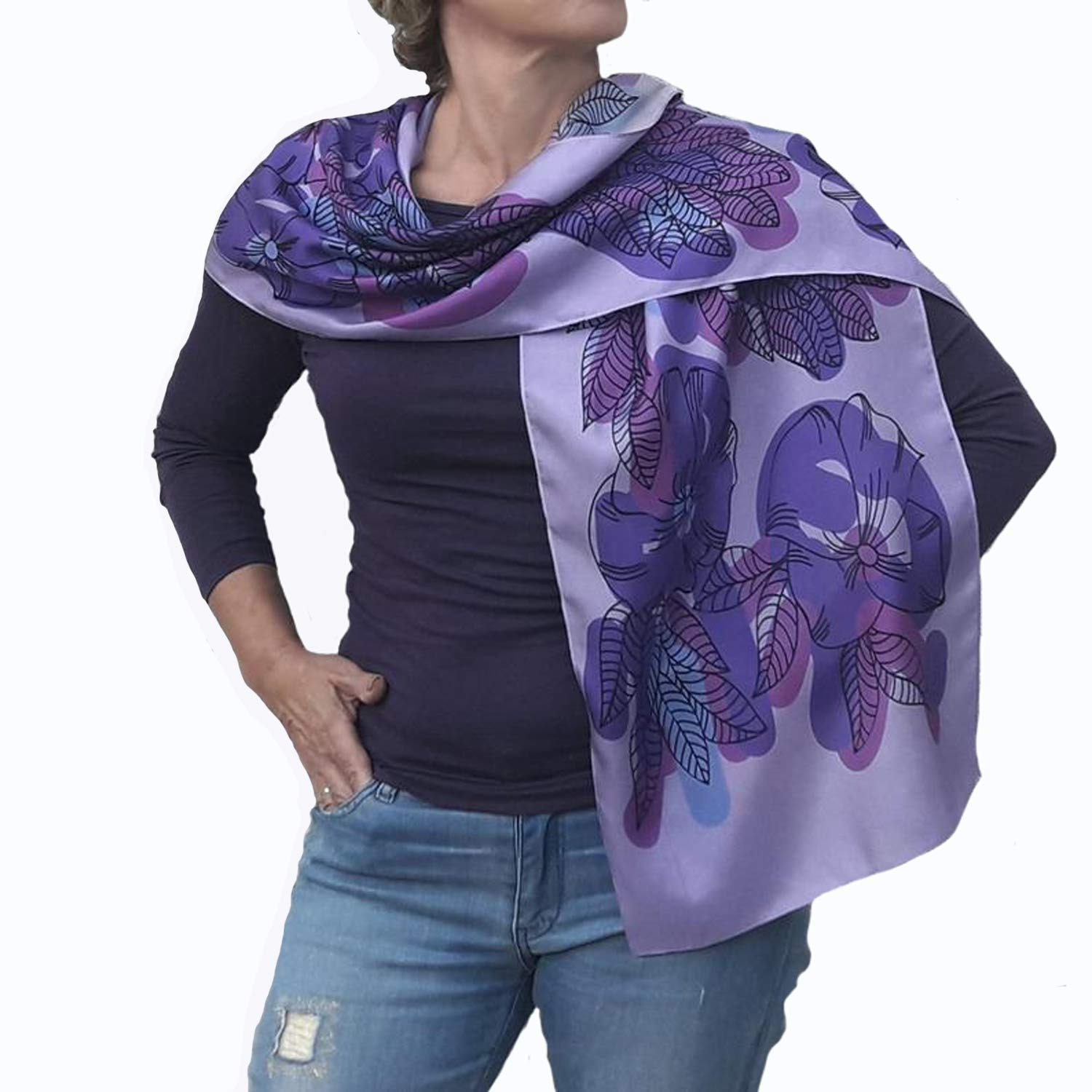 Artistic Hand Painted Long Silk Scarf for Women Fashion Boho Wrap Floral Patterns Trendy Purple Pink Neck Scarfs Unique Designer Shawl Womens Birthday Gift Mother Day Gift Handmade Gifts for Her