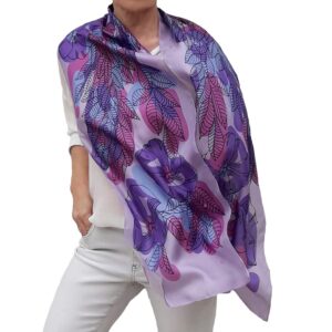 Artistic Hand Painted Long Silk Scarf for Women Fashion Boho Wrap Floral Patterns Trendy Purple Pink Neck Scarfs Unique Designer Shawl Womens Birthday Gift Mother Day Gift Handmade Gifts for Her