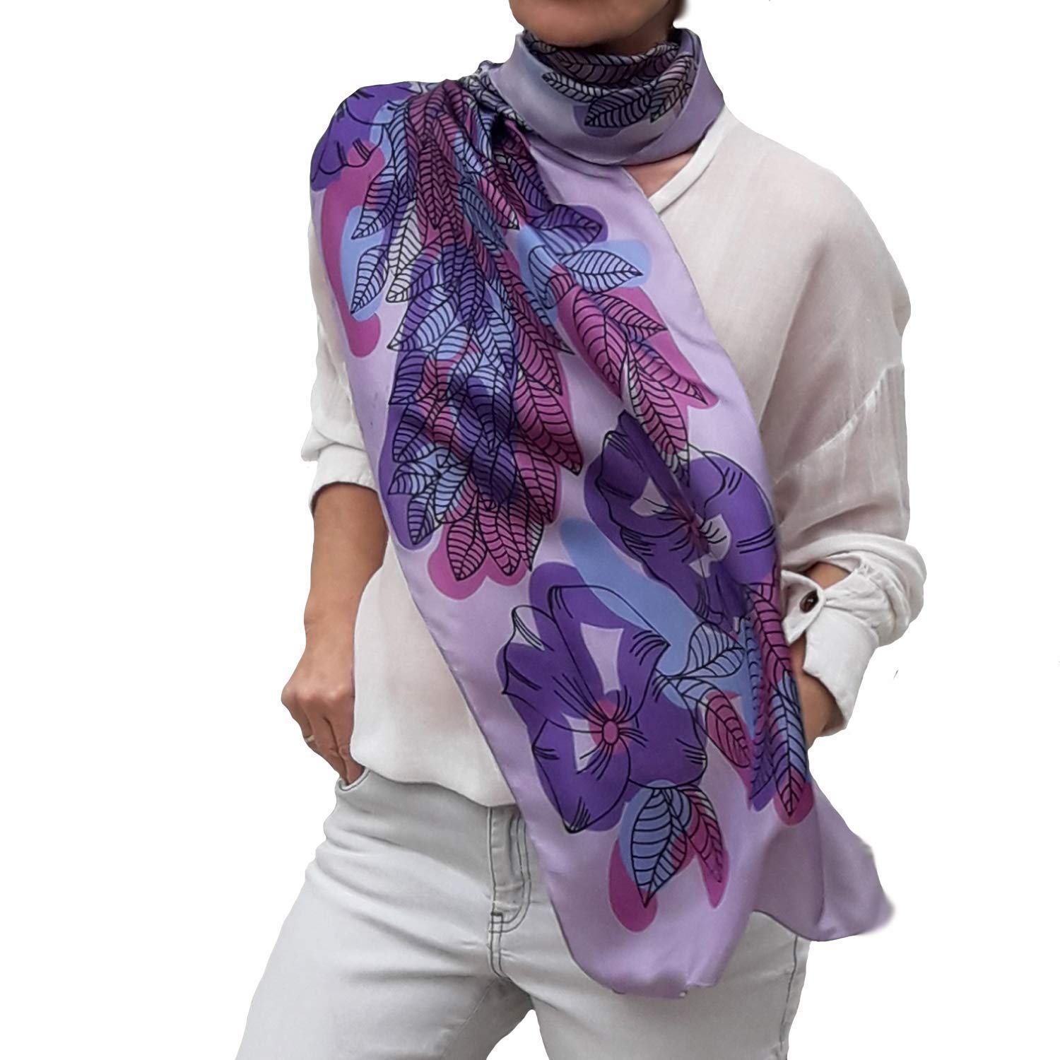 Artistic Hand Painted Long Silk Scarf for Women Fashion Boho Wrap Floral Patterns Trendy Purple Pink Neck Scarfs Unique Designer Shawl Womens Birthday Gift Mother Day Gift Handmade Gifts for Her