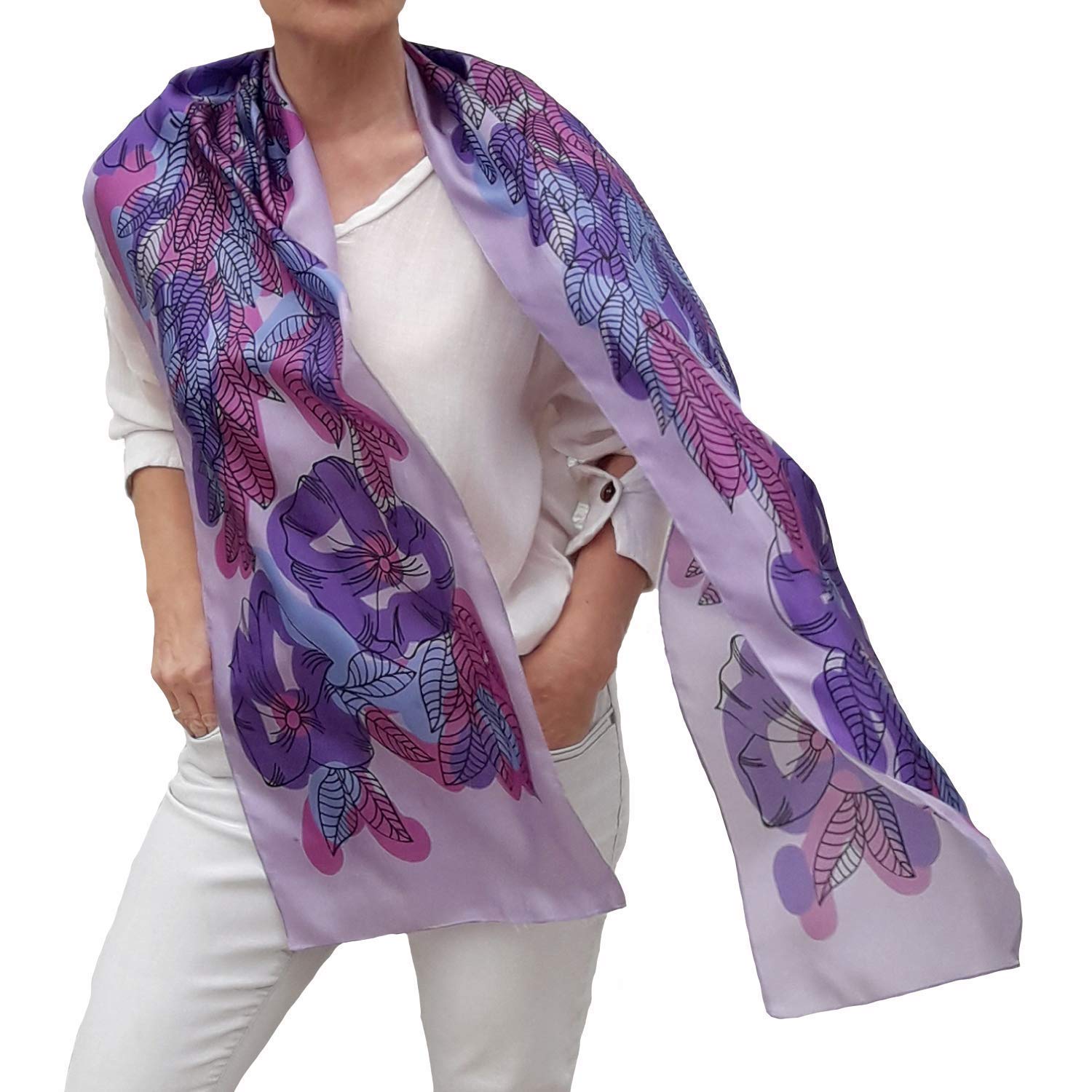 Artistic Hand Painted Long Silk Scarf for Women Fashion Boho Wrap Floral Patterns Trendy Purple Pink Neck Scarfs Unique Designer Shawl Womens Birthday Gift Mother Day Gift Handmade Gifts for Her