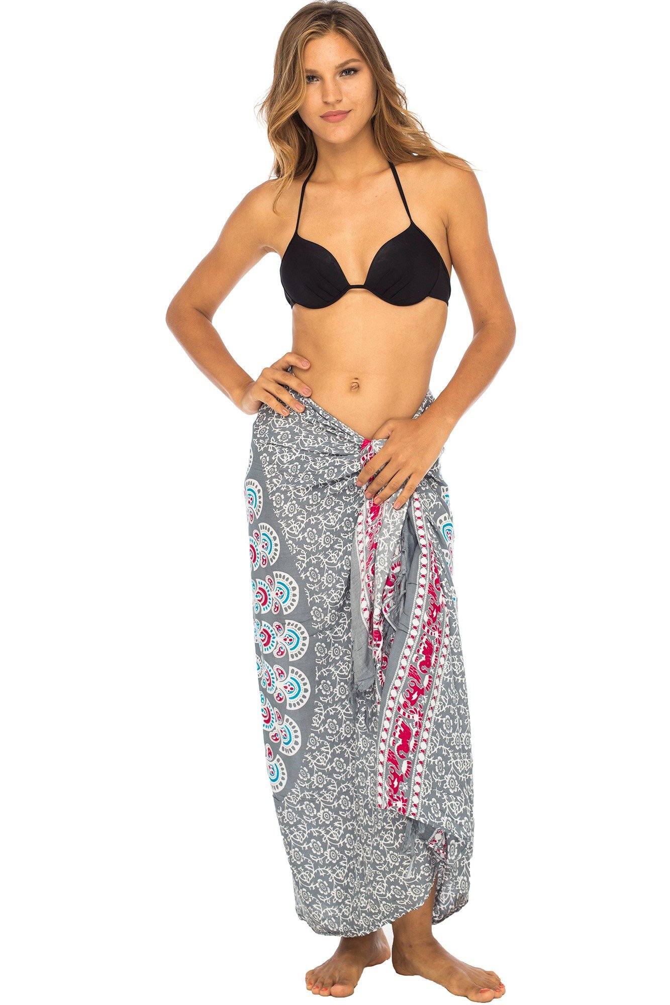 Back From Bali Womens Beach Swimsuit Bikini Cover Up Wrap and Clip Sarong Peacock Gaza Grey